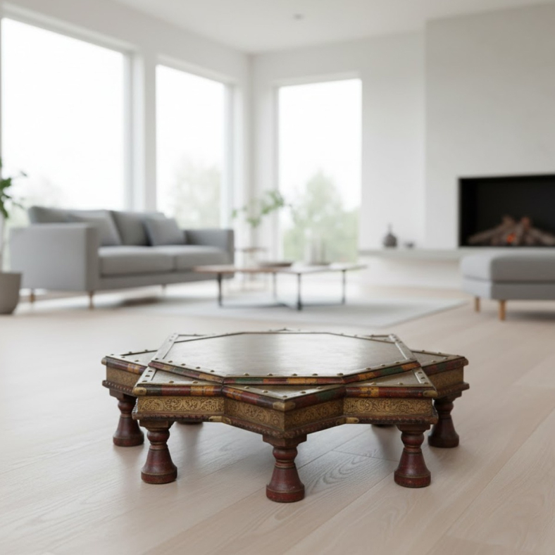 Tavisha Wooden Bajot Table Brass Fitted | Handcrafted Teak Decor